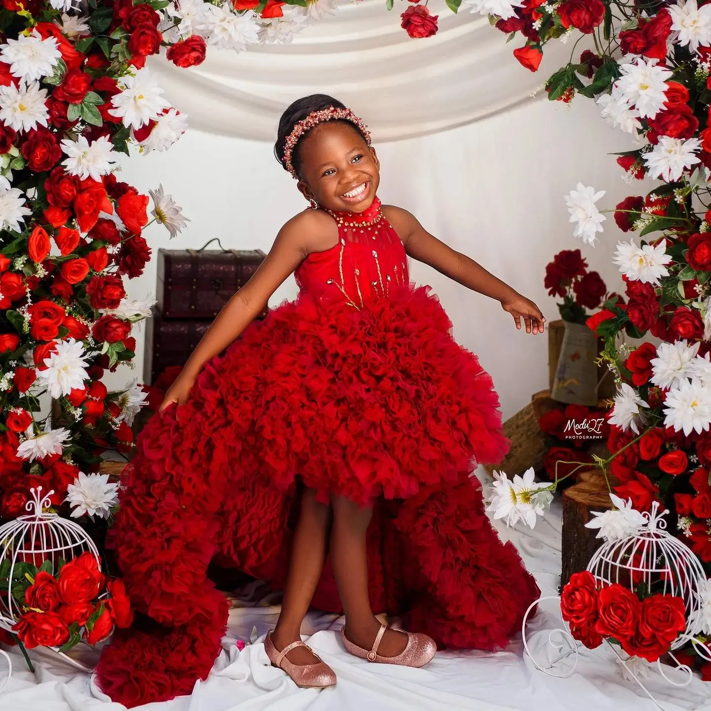 Red High Low Kids Birthday Party Dresses Customized Beading High Neck ...