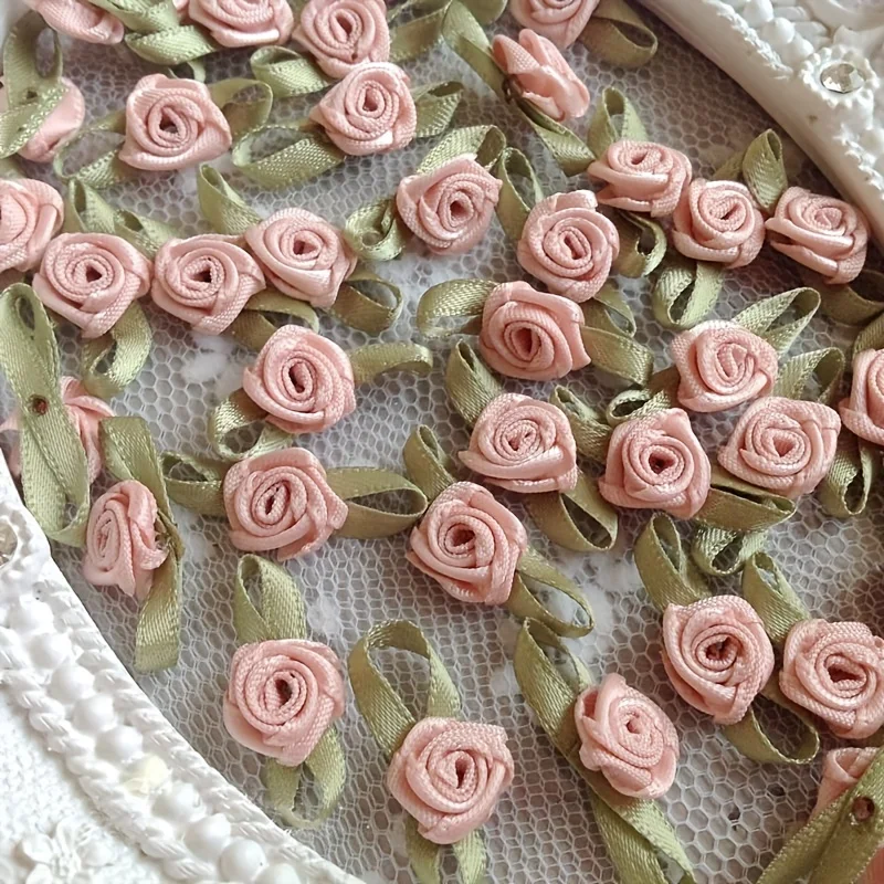 500PCS/Lot Mini Handmade Rose Flower Satin Ribbon Rosettes Fabric ...