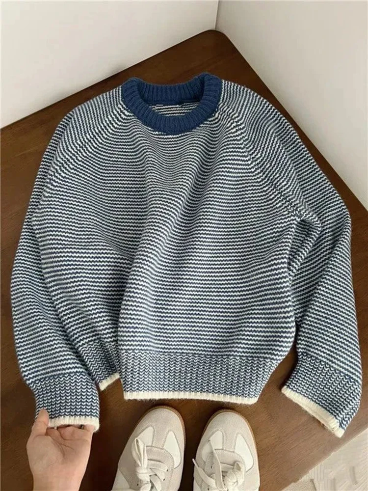 Blue Striped Sweater for Women Y2K Autumn Winter Loose Lazy Style ...