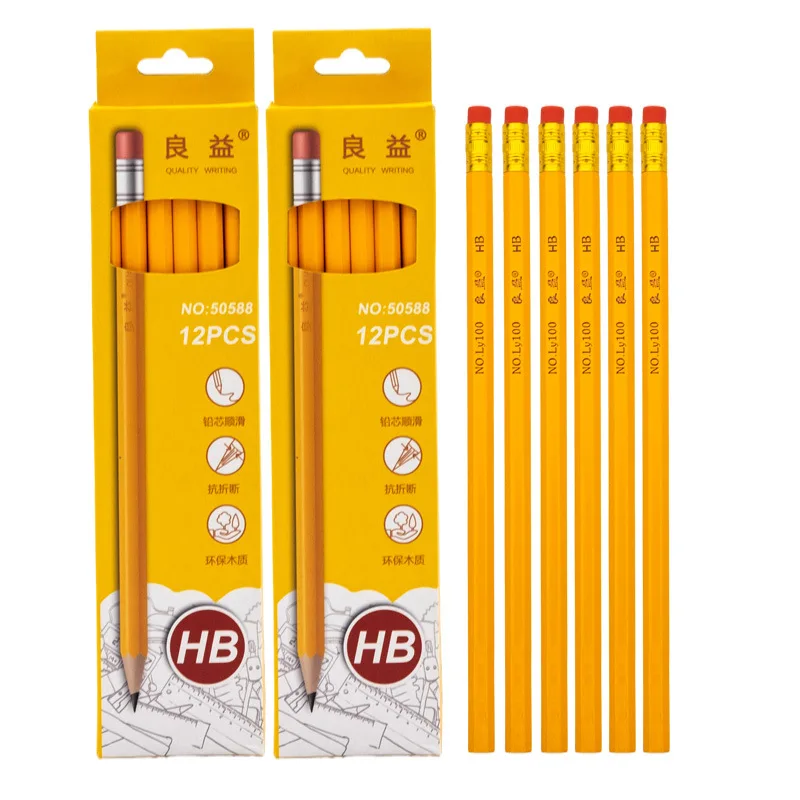 12pcs-box-HB-pencil-hexagonal-pole-Student-yellow-wooden-pencil-with ...