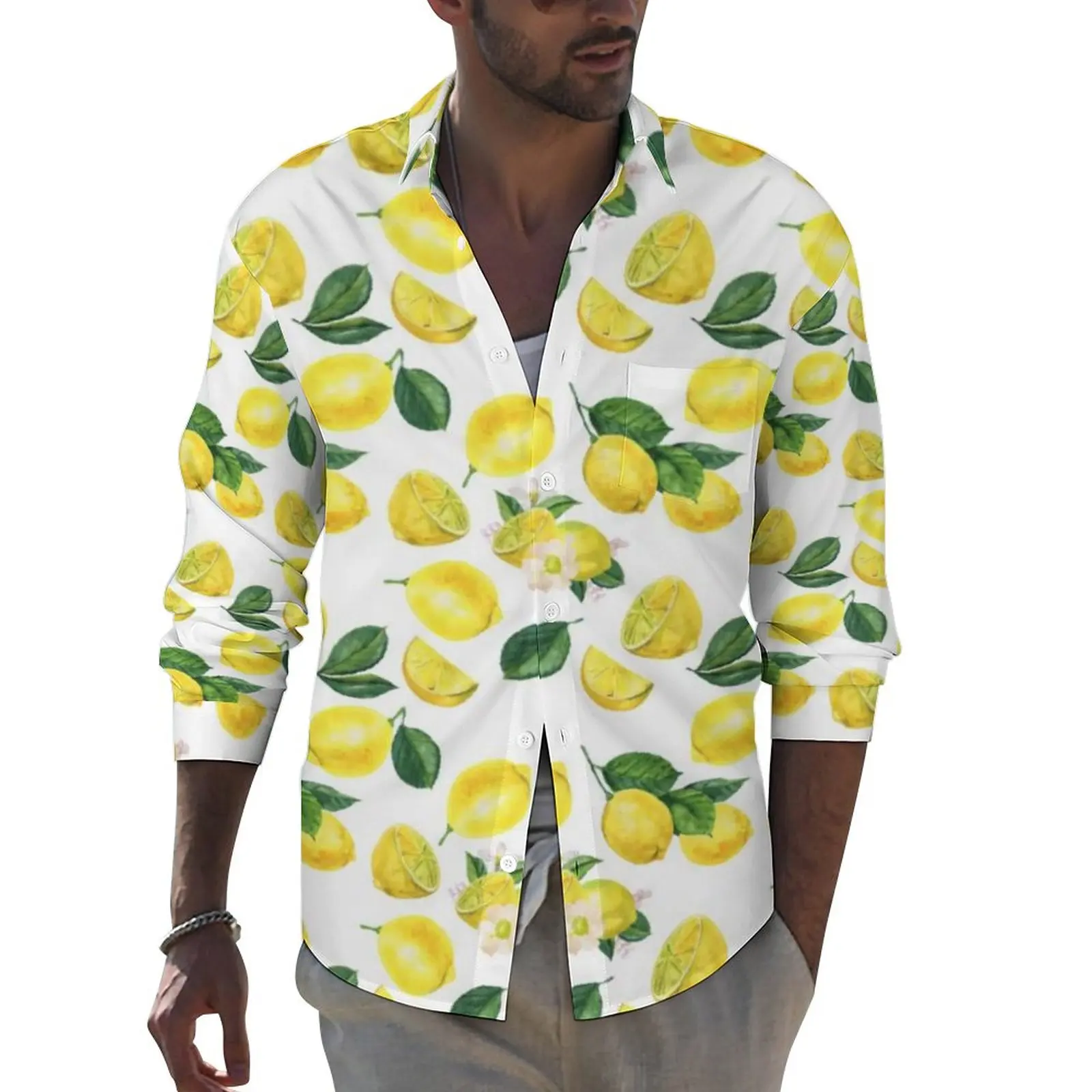 Watercolor Fruit Pattern Casual Shirts Yellow Lemons Print Shirt Long ...