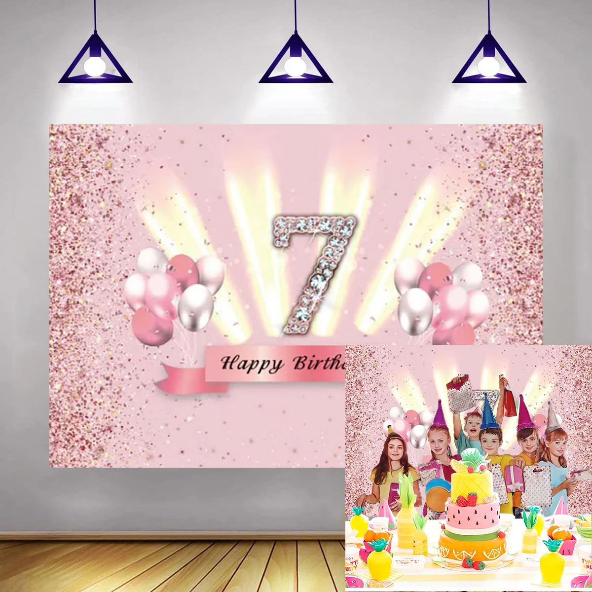 Happy-7th-Birthday-Pink-Balloons-Golden-Dot-Theme-Backdrop-Party-Kids-Photography-Light ...