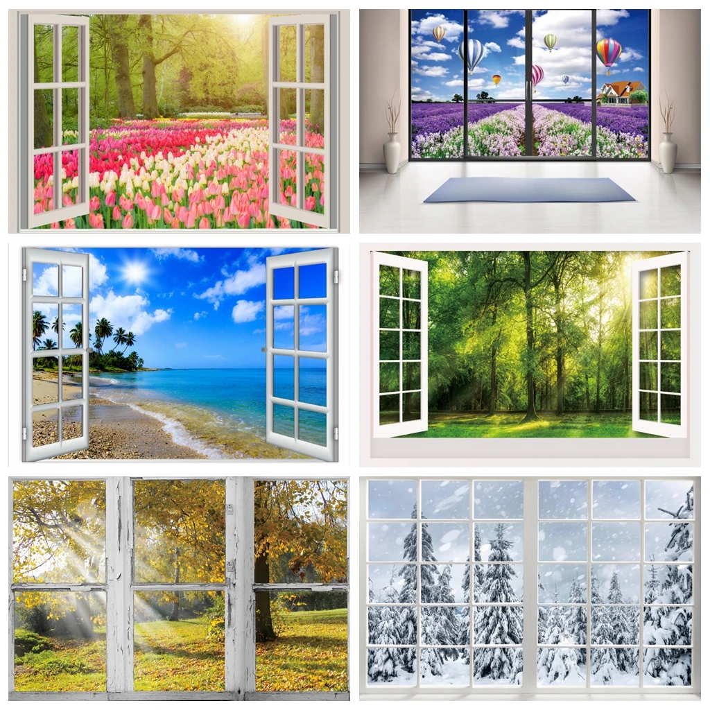 Laeacco-Window-Scenery-Backdrops-Landscape-Forest-Trees-Grassland-Snow ...