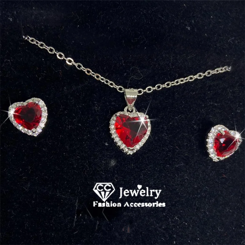 CC Heart Jewelry Set For Women Red Zirconia Stone White Gold Plated ...