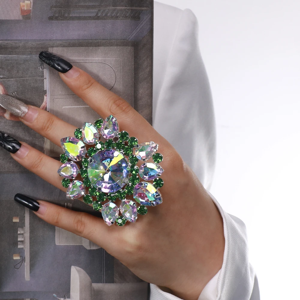 Stonefans Exaggerated AB Colorful Large Rhinestone Big Finger Ring ...