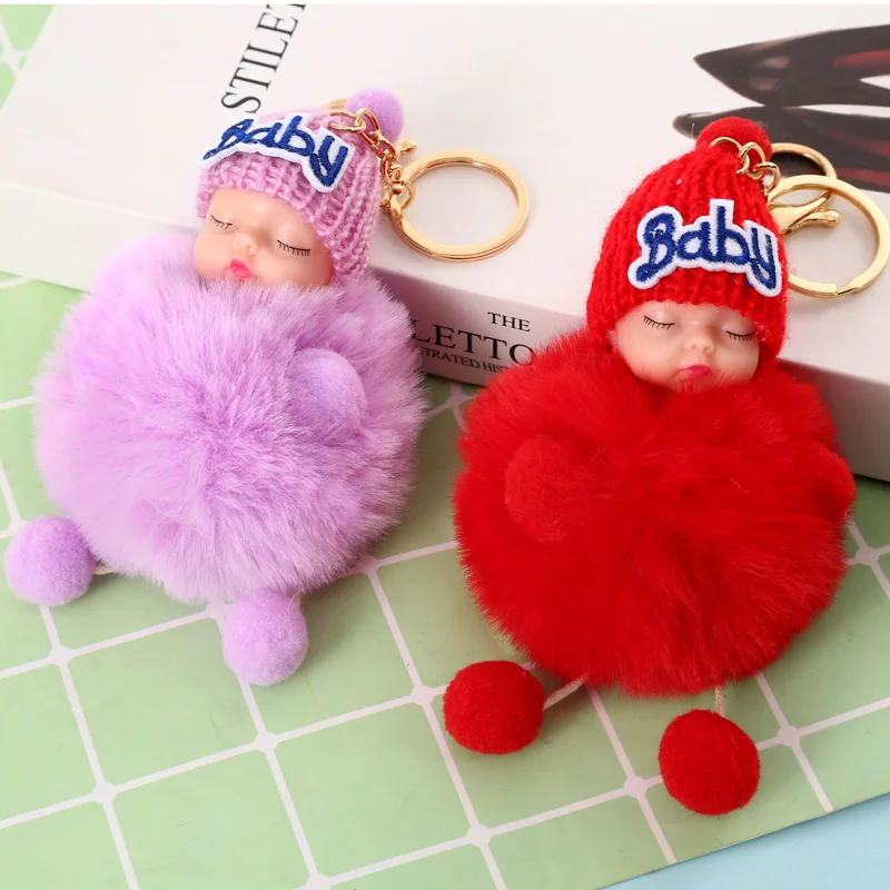 Pompom-Sleeping-Baby-Keychain-Cute-Fluffy-Plush-Doll-Keychains-Women ...