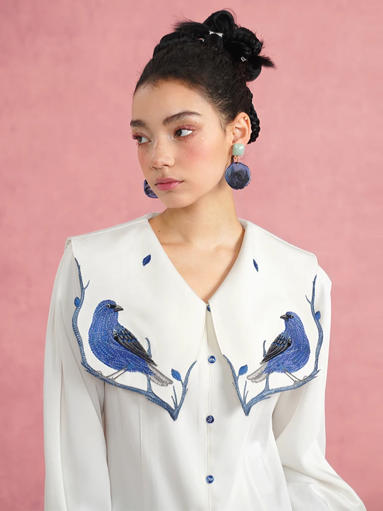 Ladies Blue Bird Embroidered Slim Fit Shirt，Spring - AliExpress 200000345