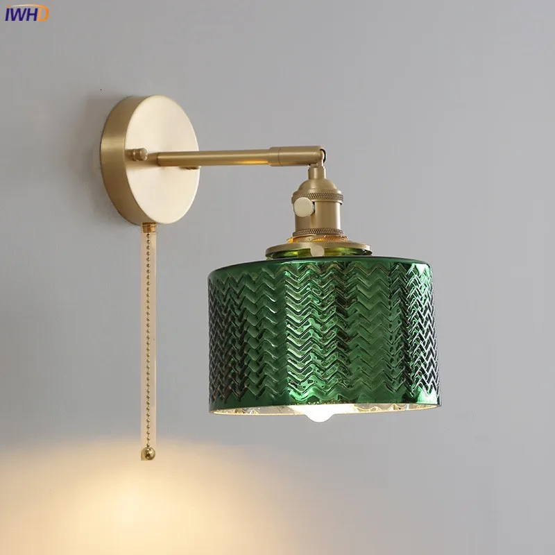 Iwhd Green Glass Led Wall Light Fixtures Pull Chain Switch Copper ...
