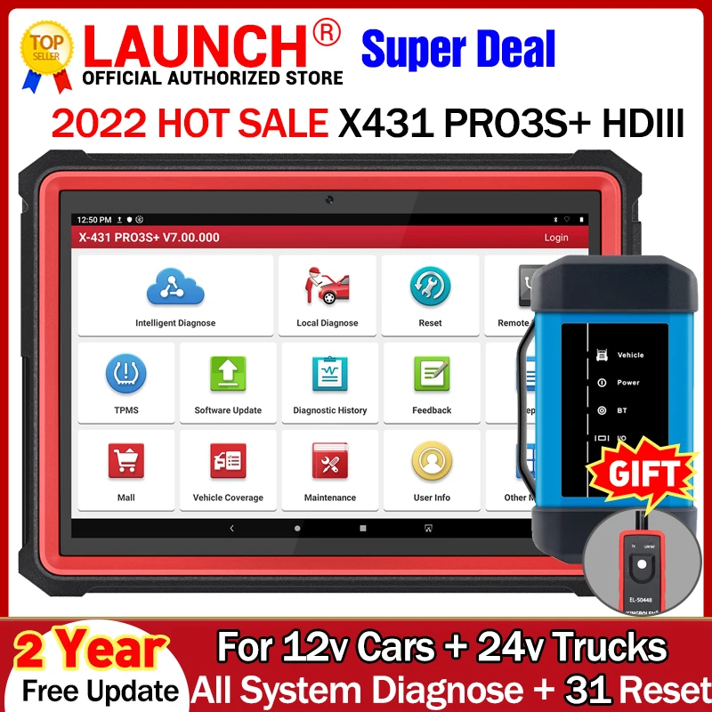 LAUNCH X431 PRO3S+ V2.0 HDIII 12V 자동차 24V 트럭 모든 시스템 진단 도구 무거운 책임 양방향 전체 재설정 자동 스캐너 공구 tools tpms ...
