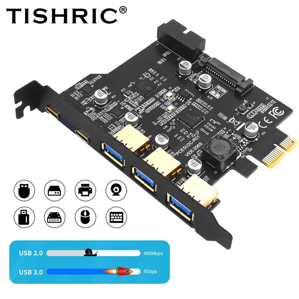 Tishric Pcie Usb Type C Controller Pcie 1x To 3 Usb3.0 Type-c Adapter ...