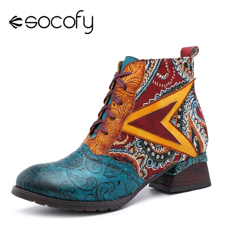 SOCOFY Casual Retro Leather Patchwork Paisley Print Lace Up Soft ...