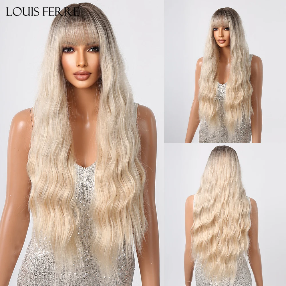 LOUIS FERRE Long Wavy Synthetic Wigs With Bangs Light Blonde Ombre ...