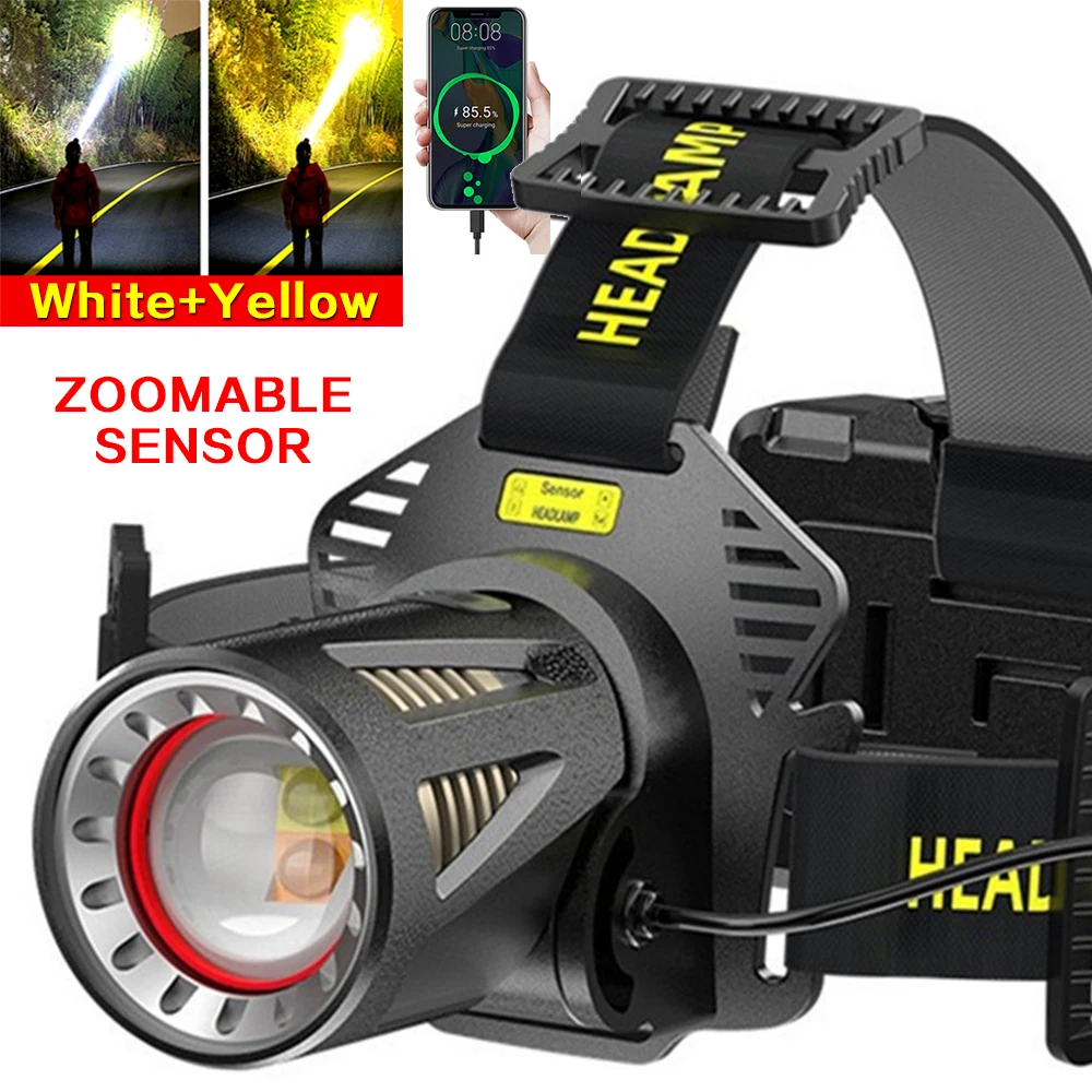 2*XHP50 White+Yellow Sensor LED Headlamp Type-C Rechargeable Zoomable ...