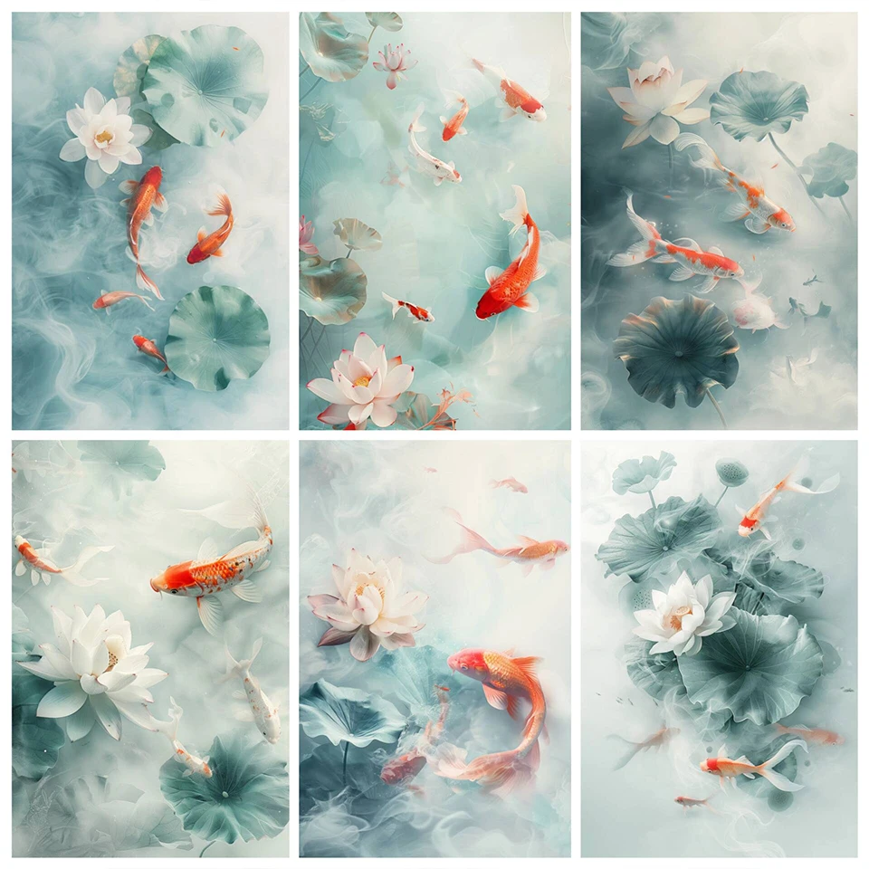 5D Diamond Painting Full Drill Square Round Fish Carp Lotus Diamond ...