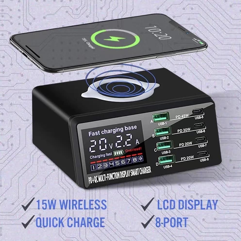 8-Port-LCD-Quick-Charge-USB-Charger-Wireless-Charger-USB-C-PD-Fast ...