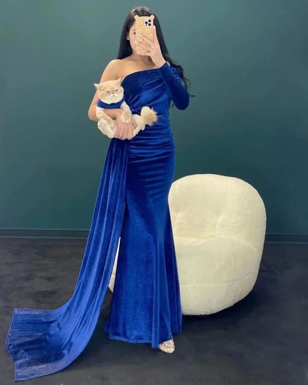 One Shoulder Robe De Soirée Velvet Evening Gown Custom Made Floor ...