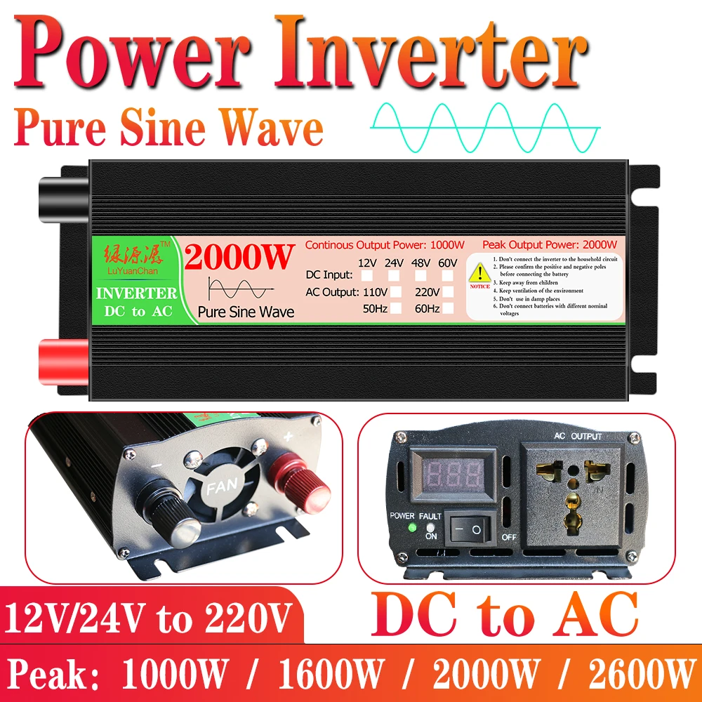 Saf sinüs dalga invertör 1000W 1600W 2000W 2600W DC 12V 24V AC 220V 50Hz gerilim trafosu ...