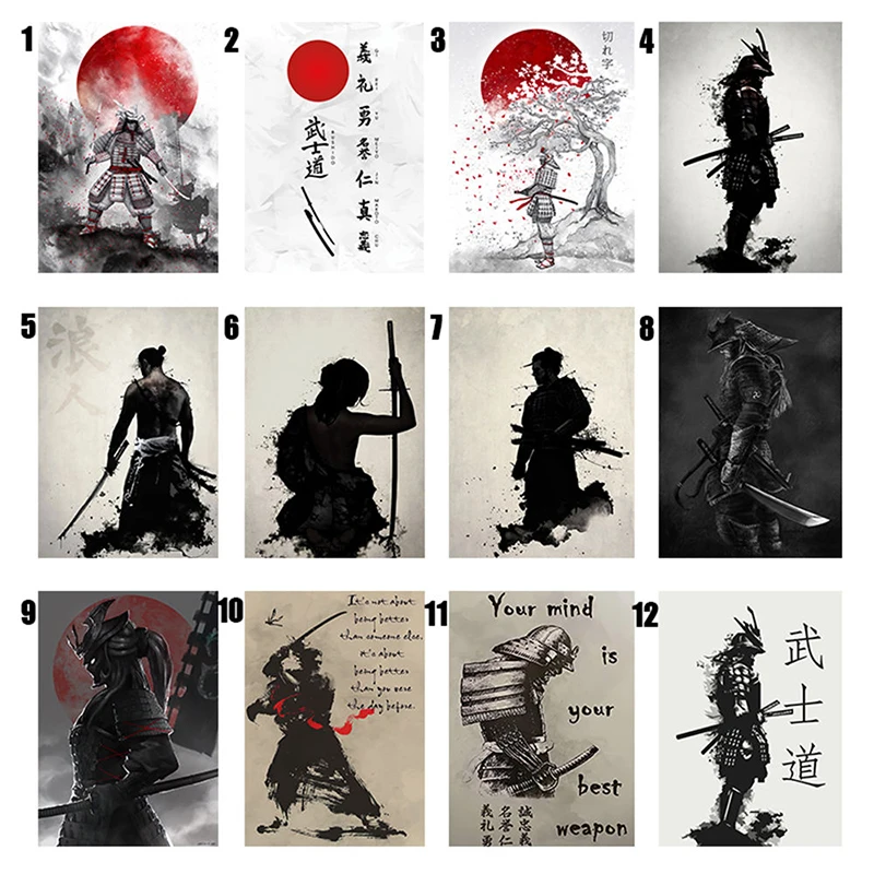 Japanese-Black-Samurai-Sakura-Warrior-Figures-Sunset-Canvas-Painting ...