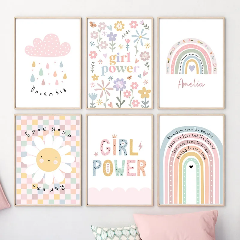 Zon Bloem Regenboog Wolk Hart Kinderkamer Muur Canvas Schilderij Nordic ...