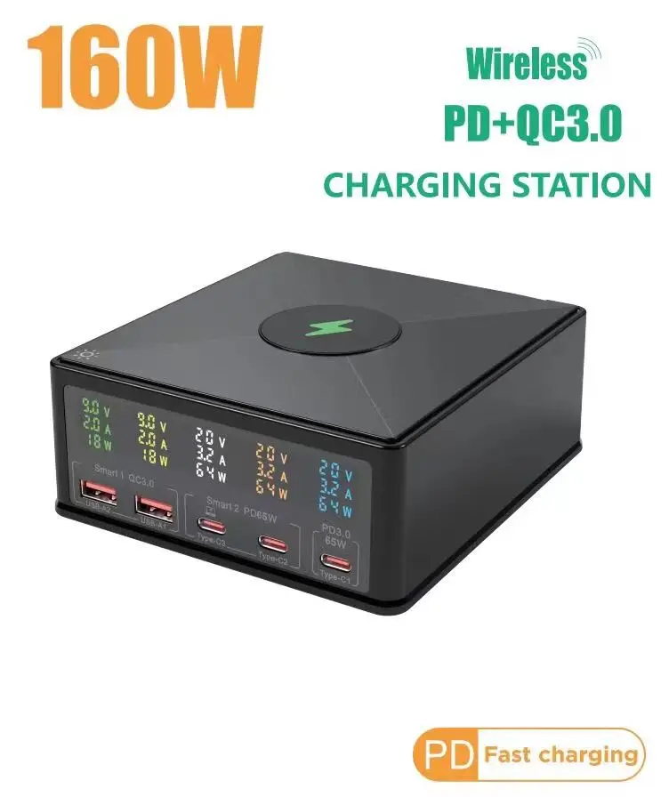 Ilepo 160w 5port Charging Station Usb-c Pd65w Qc3.0 Fast Charger With Separate Display 15w ...