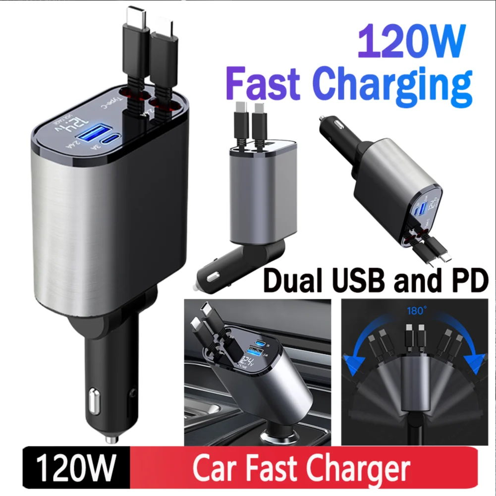 120W-Dual-USB-Car-Fast-Charger-Retractable-Universal-4-in-1-Digital ...