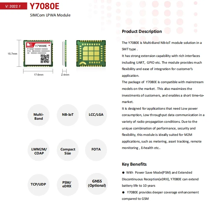 중국 저가형 SIMCom Y7080E 다중 대역 NB-IoT 모듈 LPWA LCC+LGA(GPS 포함) NB IoT+GNSS SIM7020E 교체 - 견적 - GNS 구성 요소