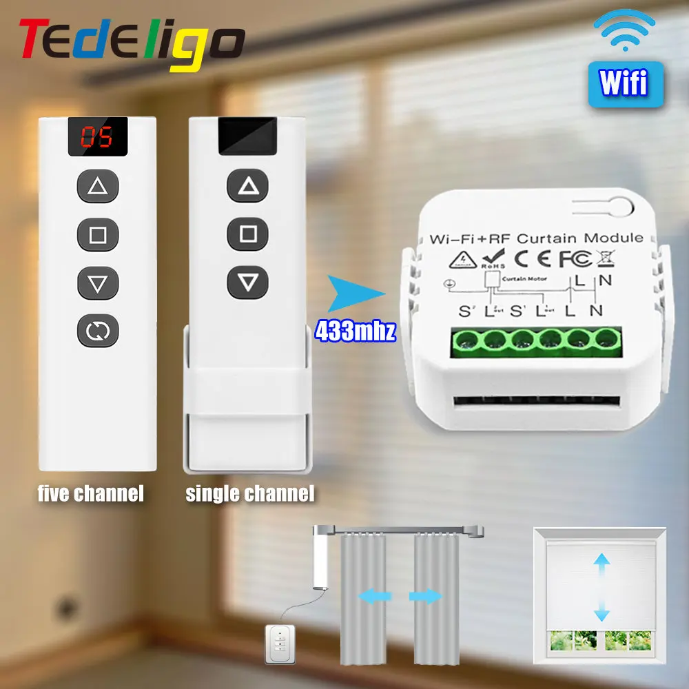 WiFi RF433 Roller Blinds Curtain Switch with 5CH Remote Control for ...