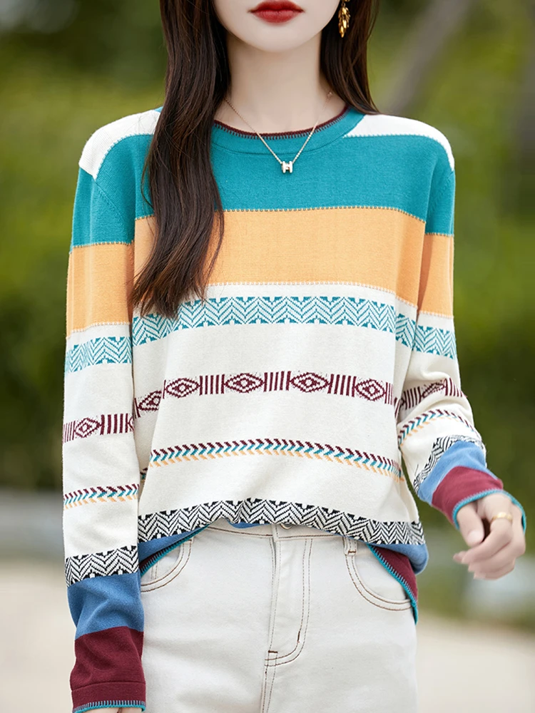 Women 100% Cotton Striped Sweater O-neck Pullover Casual Color Blocking ...