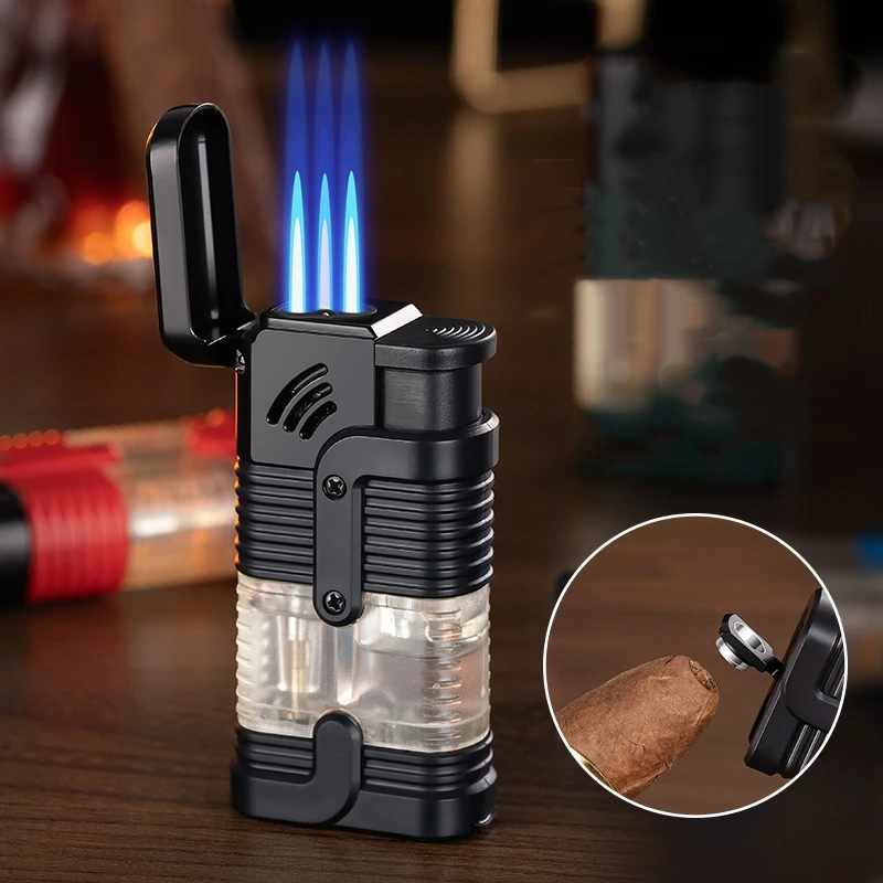 New-Metal-Windproof-Three-Jet-Flames-Gas-Cigar-Lighter-Transparent-Oil ...