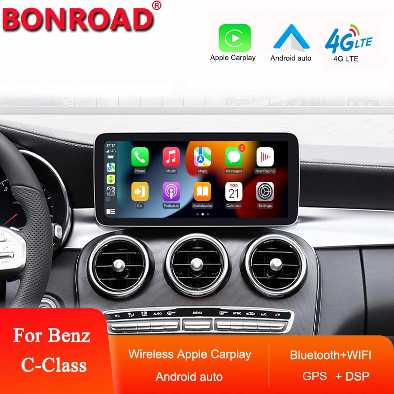 Bonroad 10.25 인치 무선 카플레이 멀티미디어 화면 애플 카플레이, 메르세데스 벤츠 C/V 클래스 GLC W204 ...