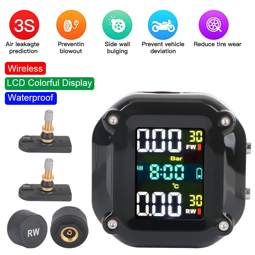 Motorcycle TPMS 0-6.6Bar Test Tire Pressure Monitoring System 2 Sensors ...