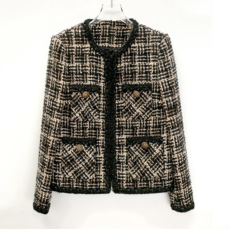 Coffee-checkered-coarse-tweed-jacket-for-spring-autumn-winter-women-s ...