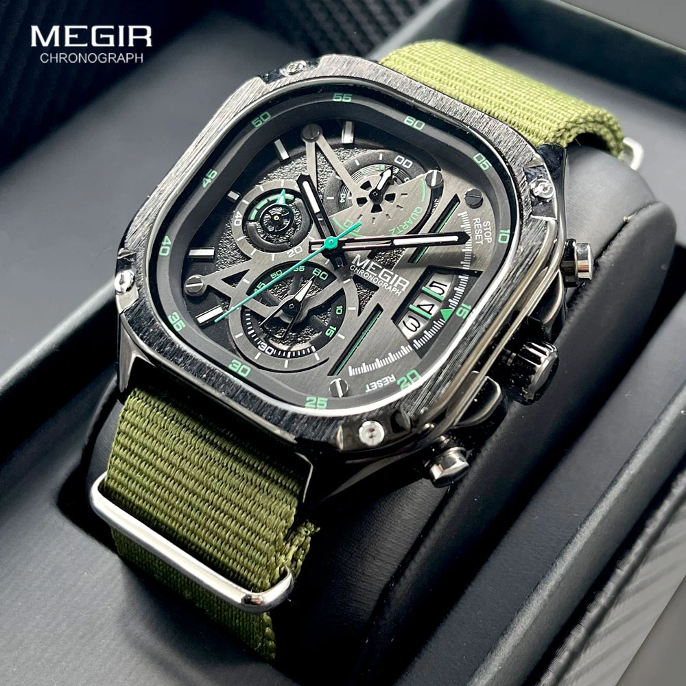 Megir Black Quartz Watch Men Waterproof Square Dial Wristwatch With ...