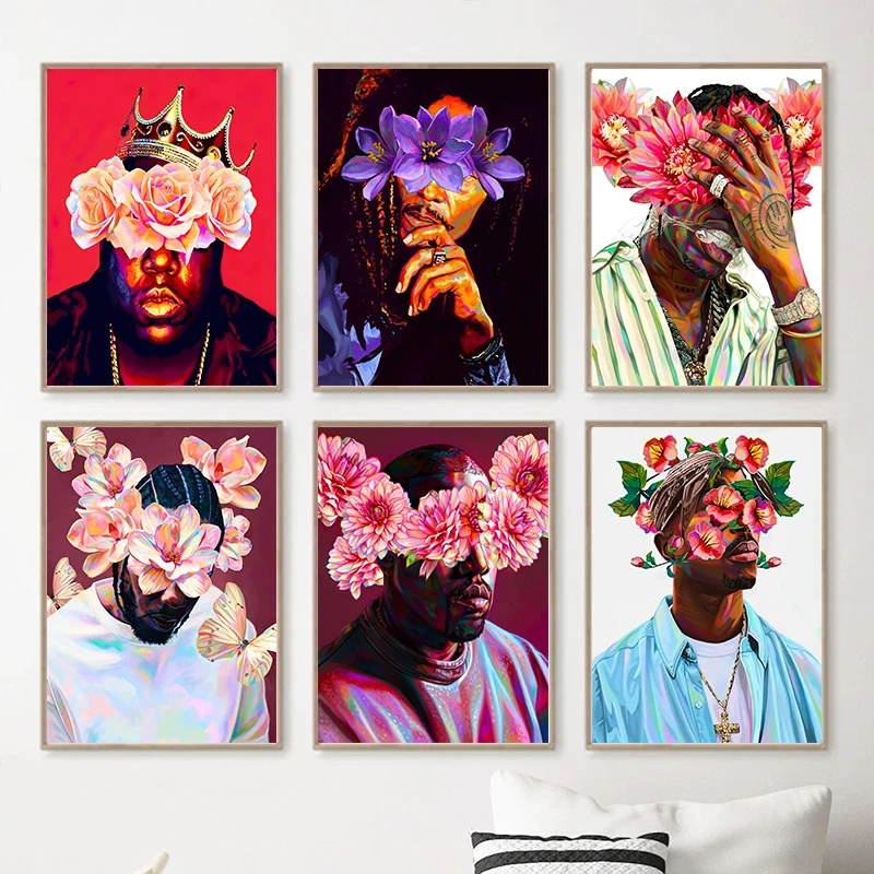Hip-Hop-Rapper-Star-With-Flowers-Posters-Canvas-Painting-Abstract-Tupac ...