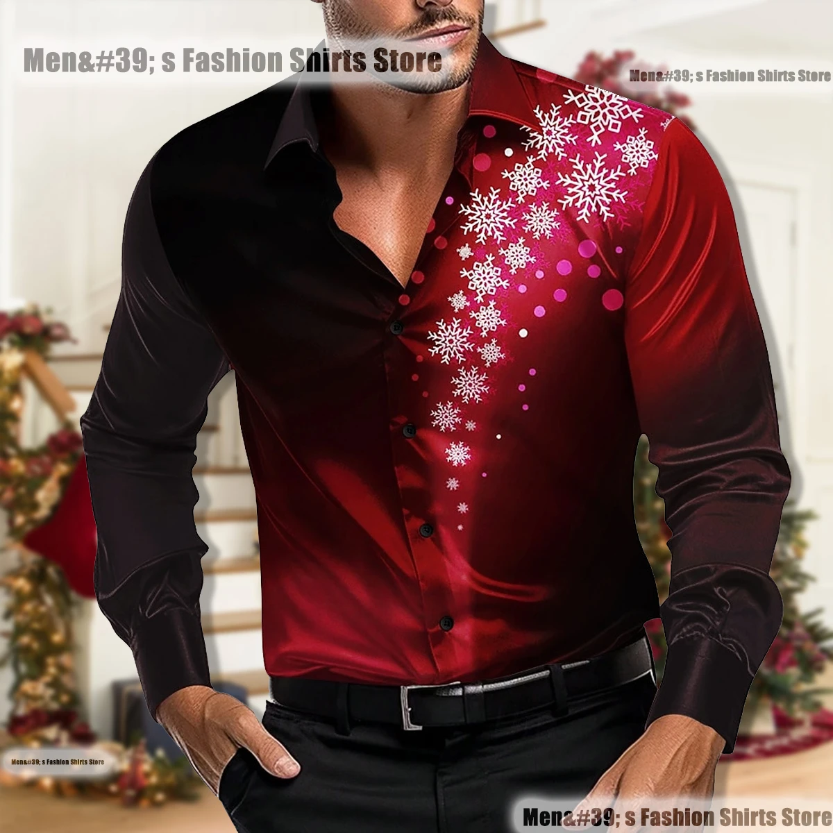 Christmas men's shirt snowflake long -sleeved shirt fashion leisure ...