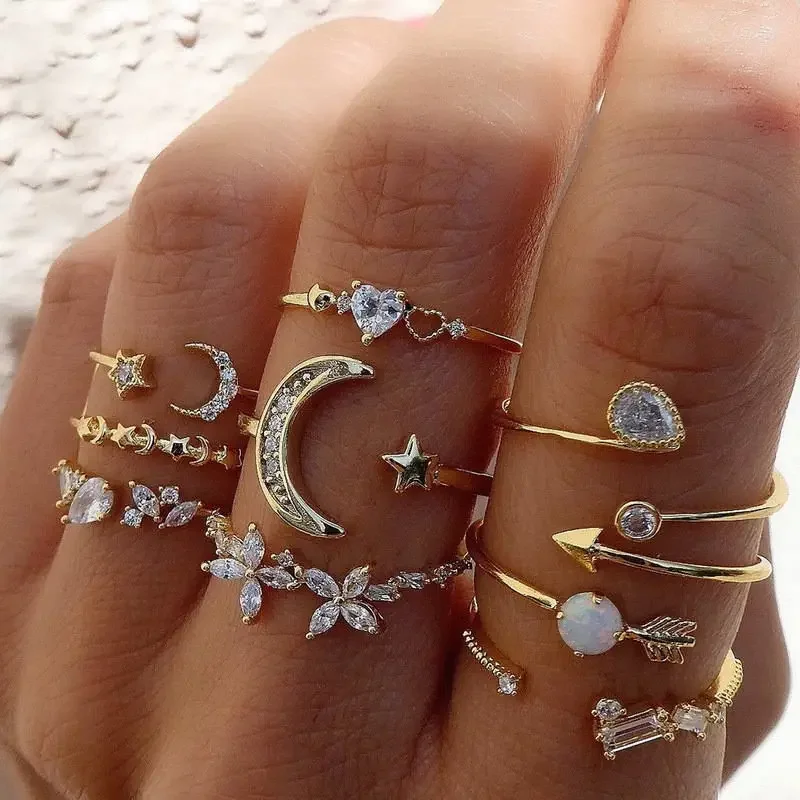 Boho-Gold-Color-Heart-Rings-Set-For-Women-Cubic-Zirconia-Star-Moon ...