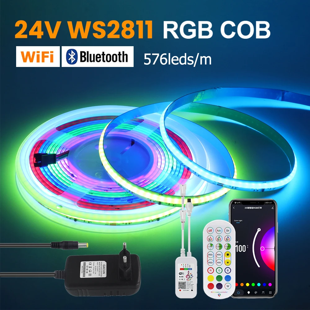 RGB-cob-levou-tira-de-luz-wi-fi-controle-bluetooth-dc-12v-24v-576leds-m ...