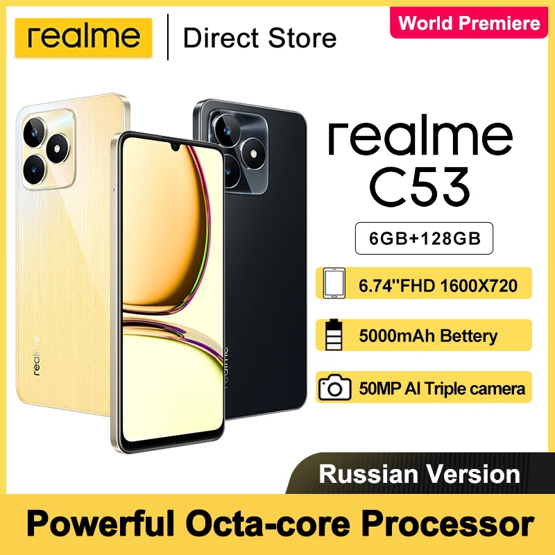 Realme-C53 Telemóveis, 6,74 ", Display 90Hz, NFC, Câmera Selfie de 8MP, Desbloqueio facial, 5000mAh