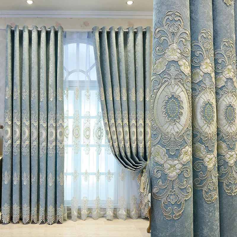 Rideaux-de-luxe-bleus-brod-s-europ-ens-rideaux-pour-salon-chambre ...