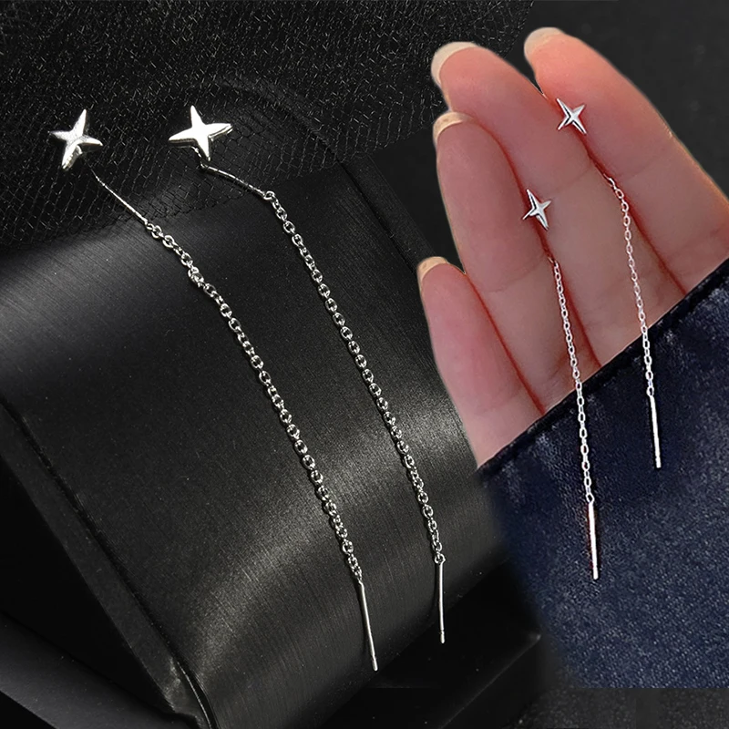 Star-Silver-Needle-Line-Earring-for-Women-Tassel-Drop-Earrings-Long-Chain-Beads-Piercing-Earings ...