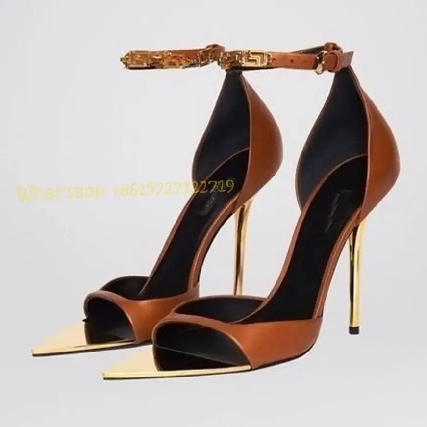 Women Cover Heels Silk Sandals Tan Brand Metal Peep Toe High Stiletto ...