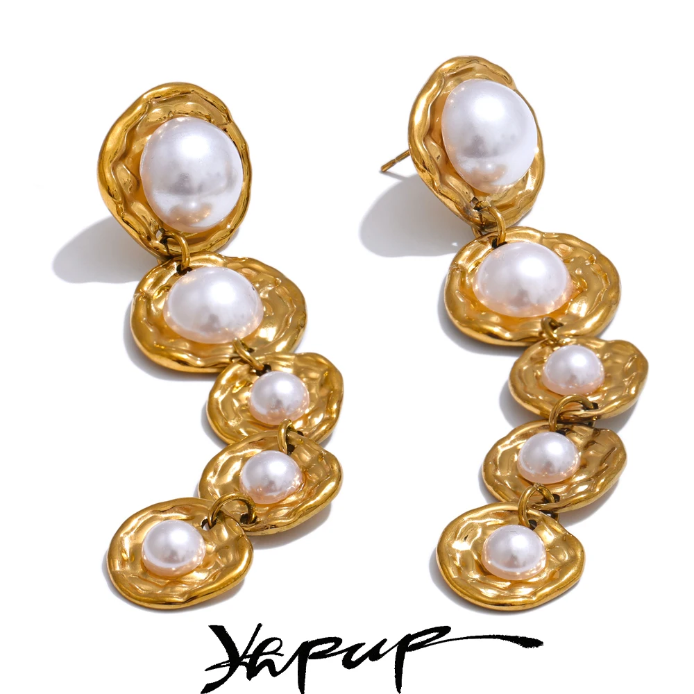 Yhpup Stainless Steel Simulated Pearls Golden Long Hanging Drop ...