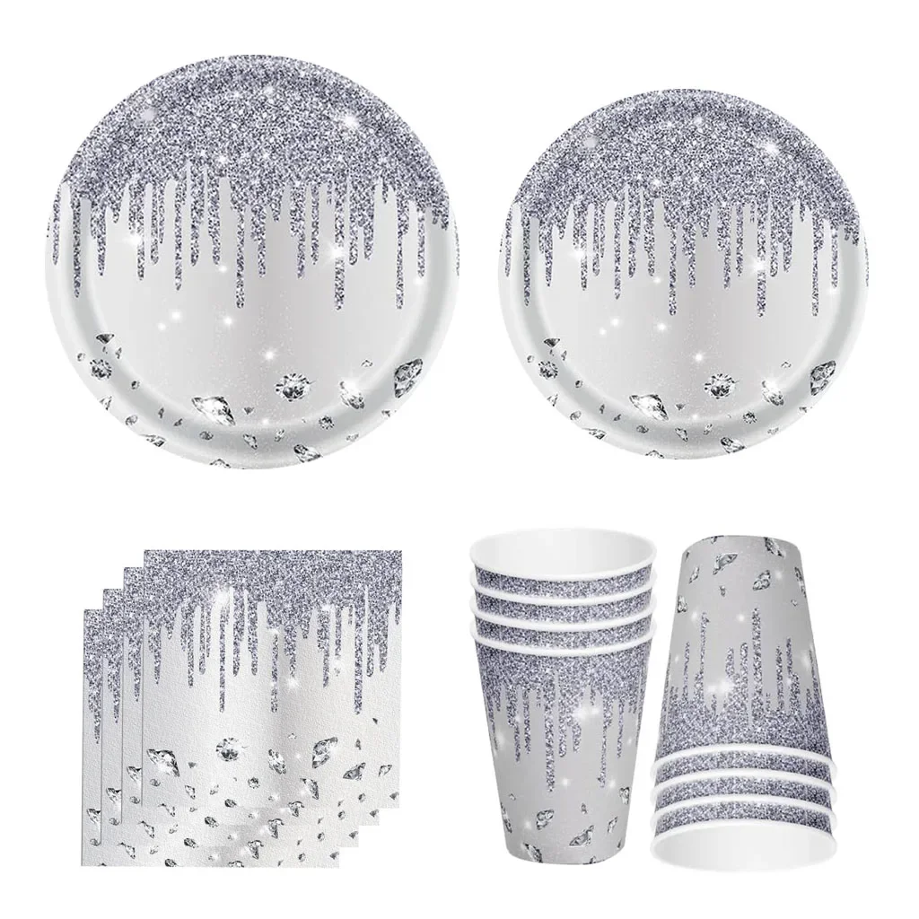 10Guests-Silver-Diamond-Disposable-Tableware-High-Quality-Shiny-Diamond ...