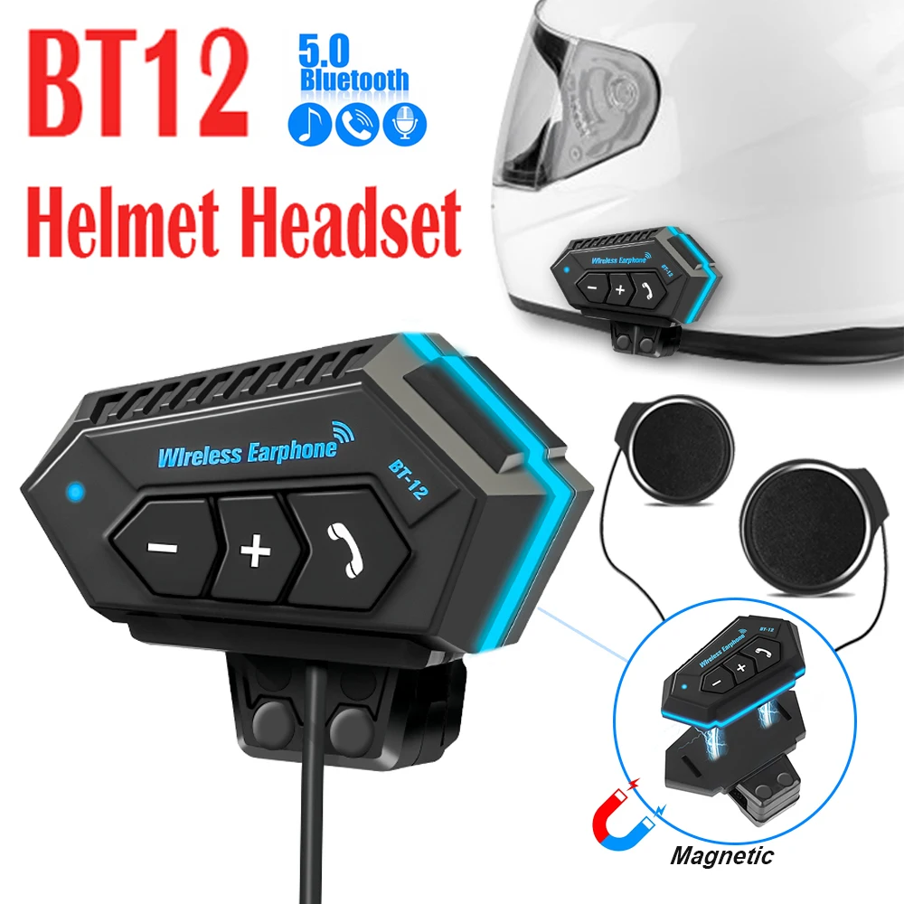 Bt12 オートバイヘルメットヘッドセット,ハンズフリー通話キット,ステレオ,抗干渉,防水,音楽プレーヤー,ワイヤレス| | - AliExpress