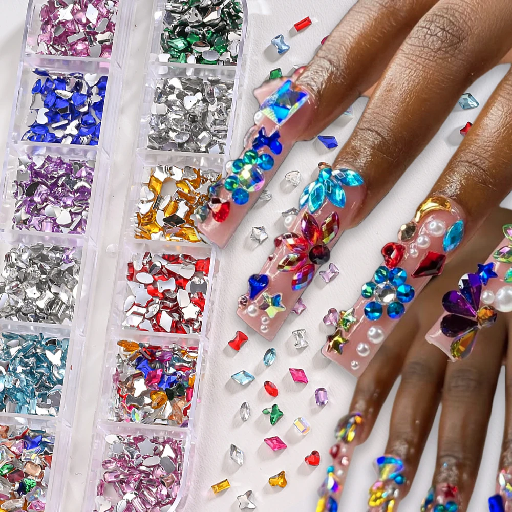 12 Grids Mini Teardrop Colorful Nail Rhinestones Acrylic Flat Back ...