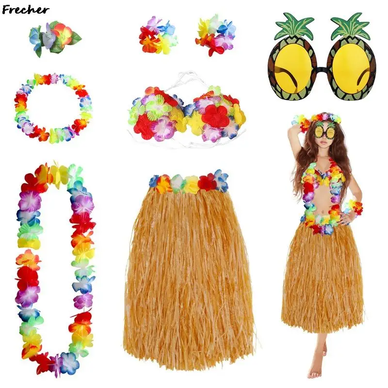 8PCS-Set-Hawaiian-Party-Dance-Set-Necklace-Grass-Skirt-Performance ...
