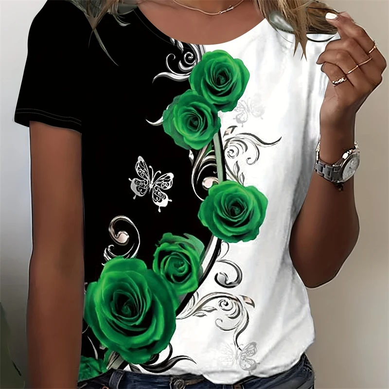 Summer-Women-s-Tshirts-Rose-Printed-T-Shirt-Ladies-Fashion-Casual-Short ...