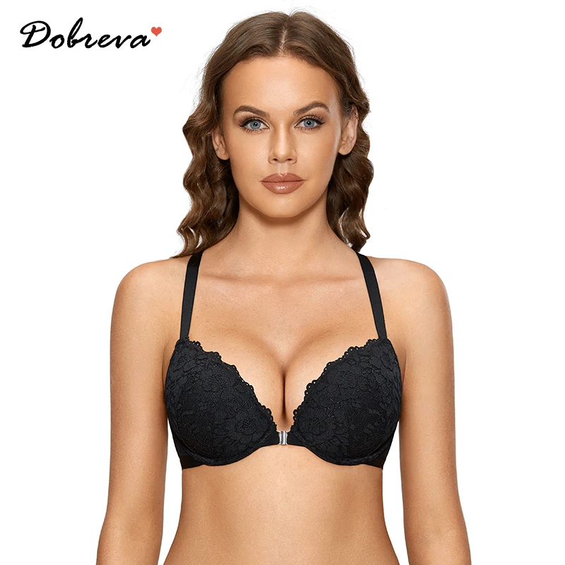 Dobreva Womens Push Up Bra Racerback Front Closure Bras Lace Padded