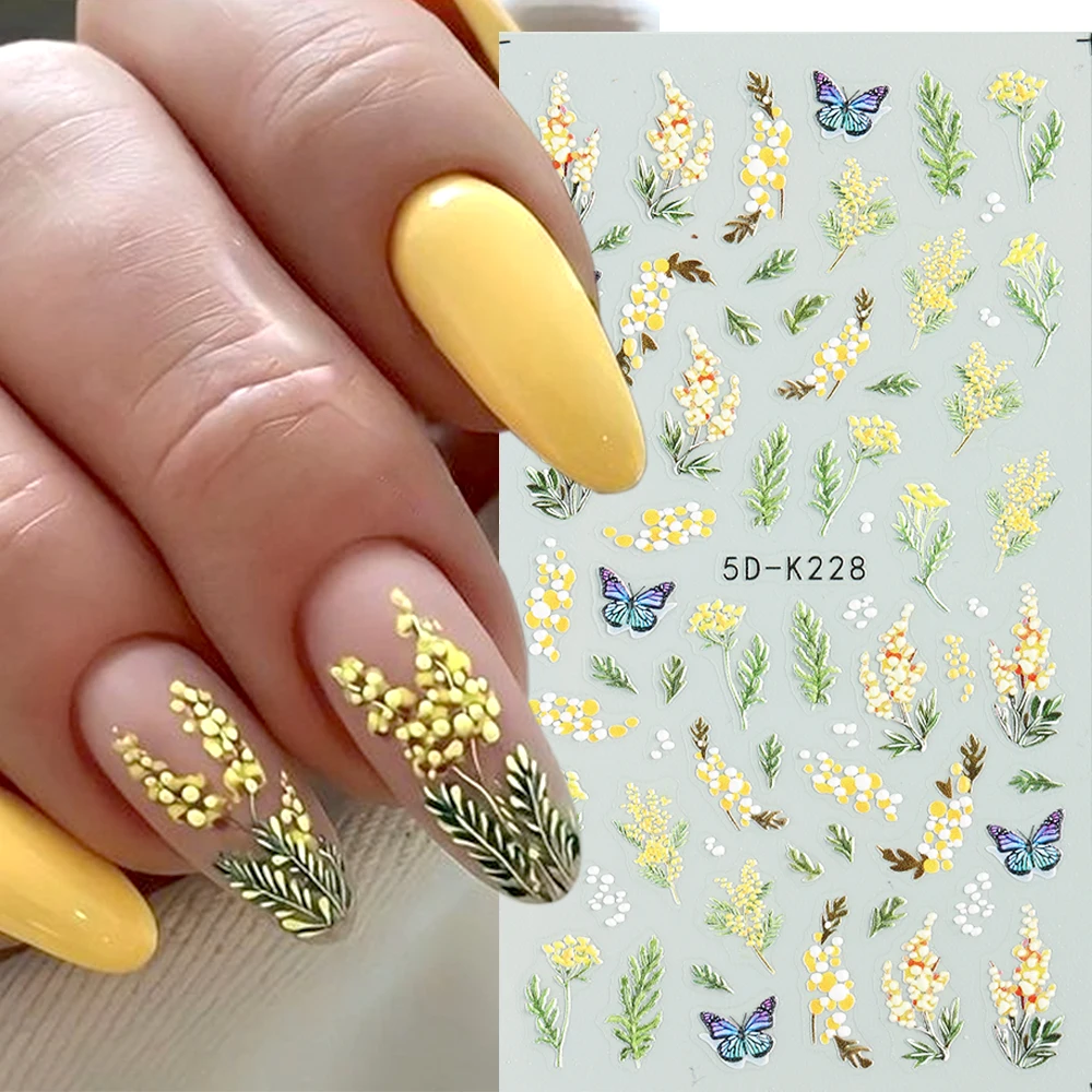 5D-Flowers-Nail-Stickers-Mimosa-Design-Spring-Floral-Leaf-Self-adhesive ...