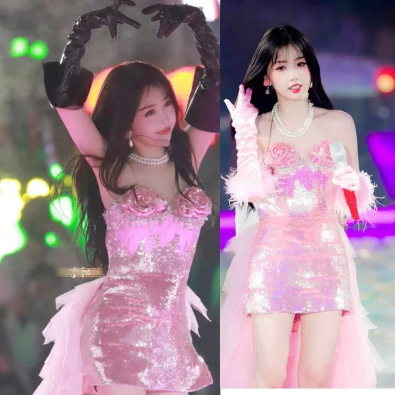 Kpop-Korean-Singer-Concert-Costume-Pink-Sequin-Dress-Flower-Fairy-Mesh ...